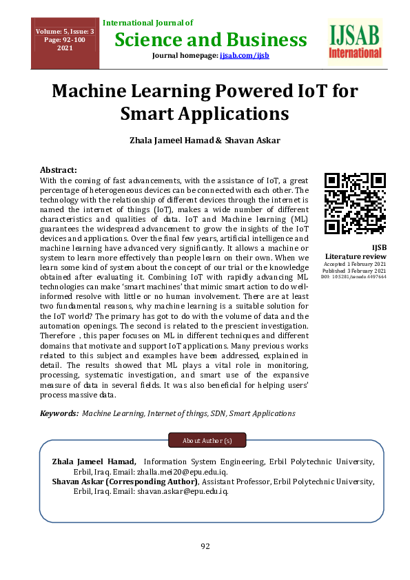 (PDF) Machine Learning Powered IoT for Smart Applications | shavan ...