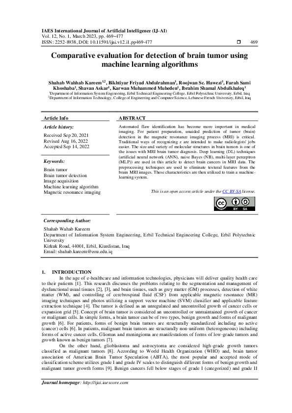 (PDF) Comparative evaluation for detection of brain tumor using machine learning algorithms