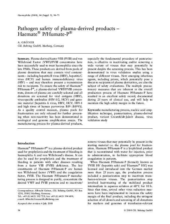 (PDF) Pathogen safety of plasma-derived products - Haemate®P/Humate-P ...