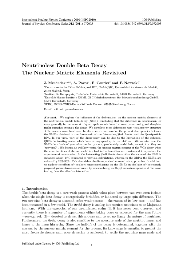 (PDF) Neutrinoless Double Beta Decay The Nuclear Matrix Elements Revisited