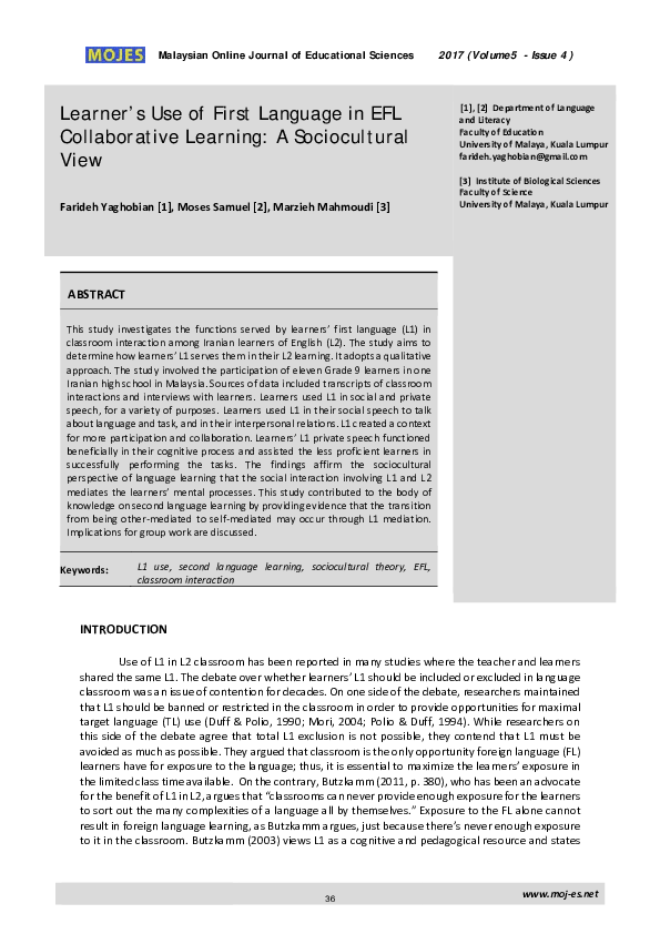 (PDF) Learner’s Use of First Language in EFL Collaborative Learning: A ...