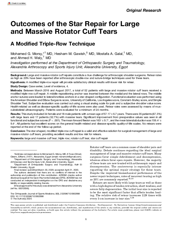 (PDF) Outcomes of the Star Repair for Large and Massive Rotator Cuff ...