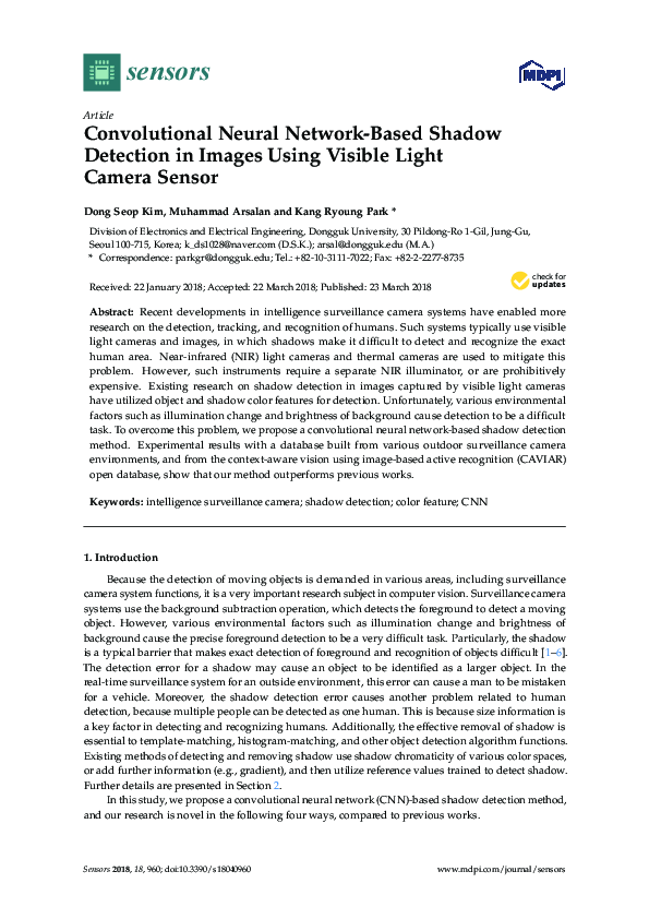 Pdf Convolutional Neural Network Based Shadow Detection In Images Using Visible Light Camera
