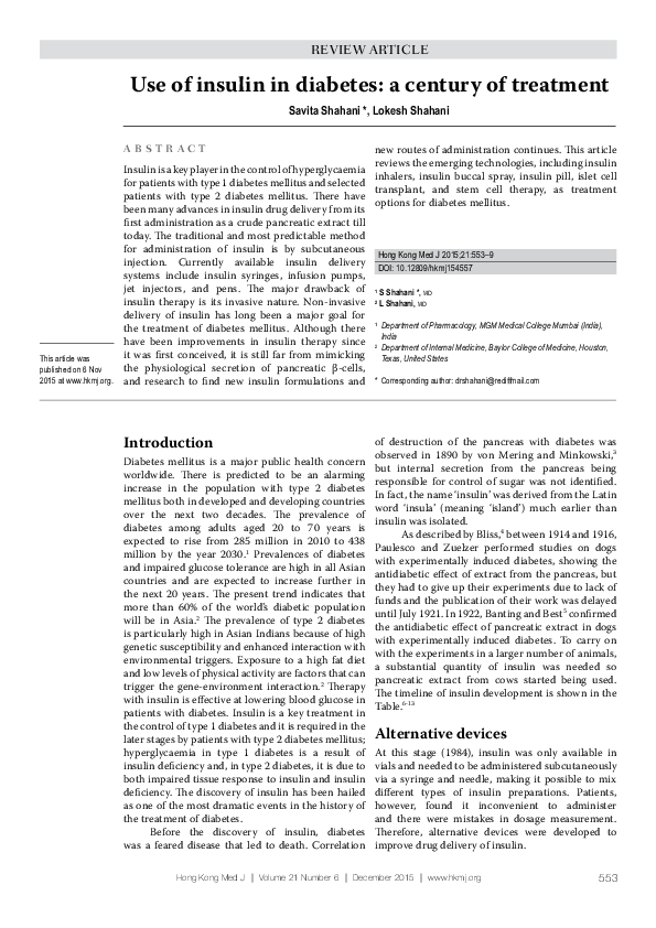 (PDF) Use of insulin in diabetes: a century of treatment