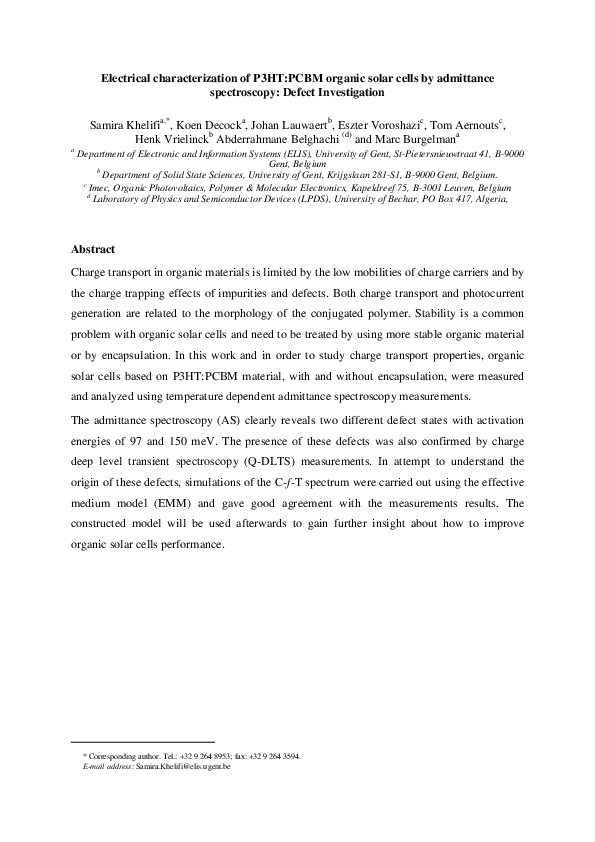 (PDF) Electrical characterization of P3HT: PCBM organic solar cells by admittance spectroscopy ...
