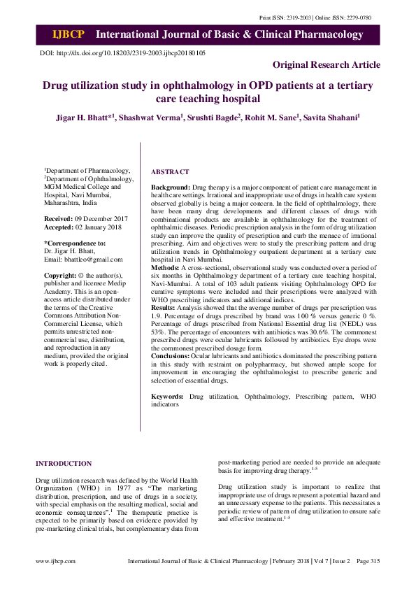 (PDF) Drug utilization study in ophthalmology in OPD patients at a tertiary care teaching hospital