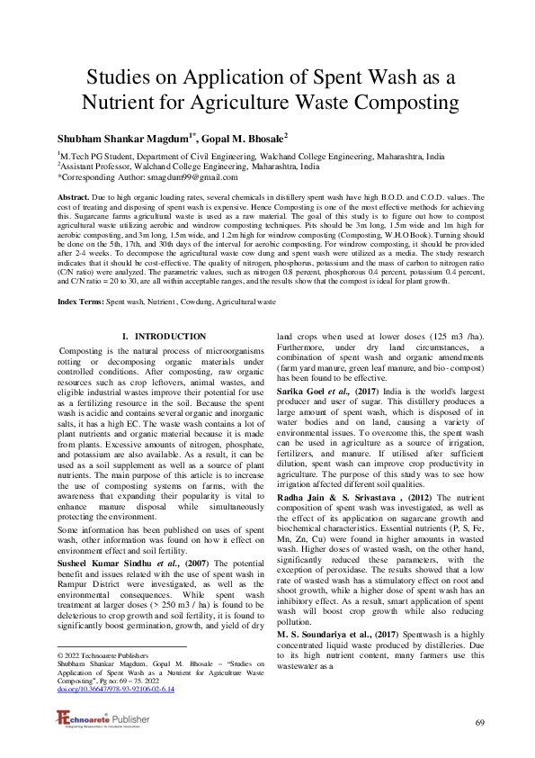 (PDF) Studies on Application of Spent wash as a Nutrient for ...