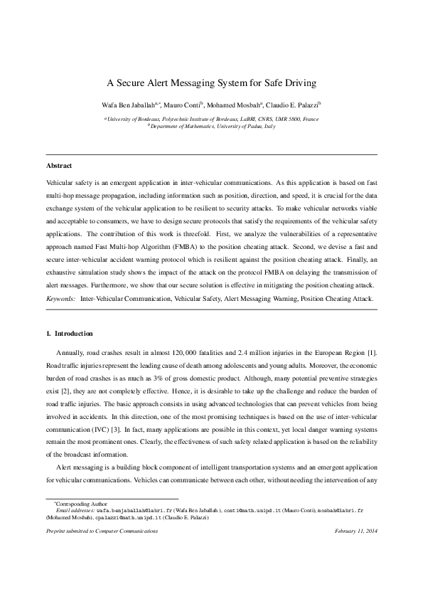(PDF) A secure alert messaging system for safe driving | W. Jaballah ...
