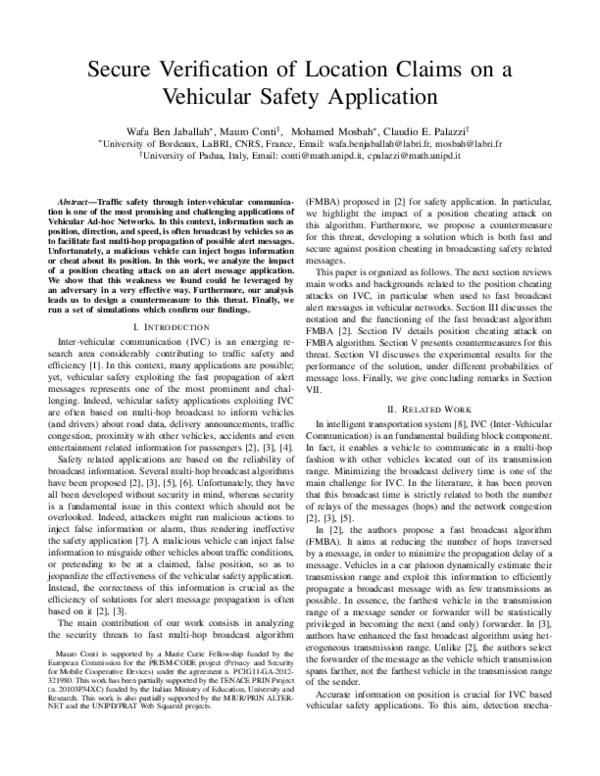 (PDF) Secure Verification of Location Claims on a Vehicular Safety ...
