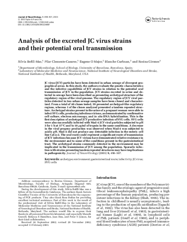 (PDF) Analysis of the Excreted JC Virus Strains and Their Potential ...