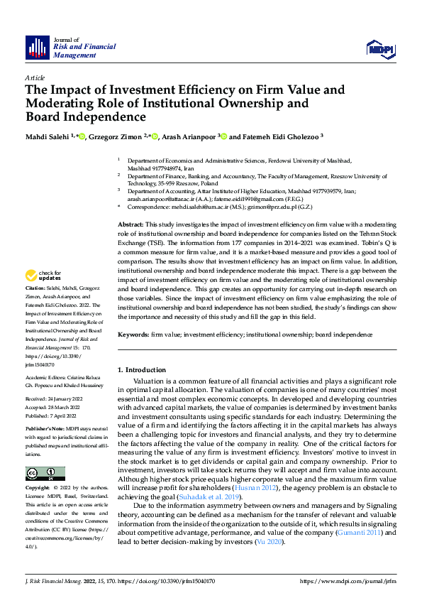 (PDF) The Impact of Investment Efficiency on Firm Value and Moderating ...