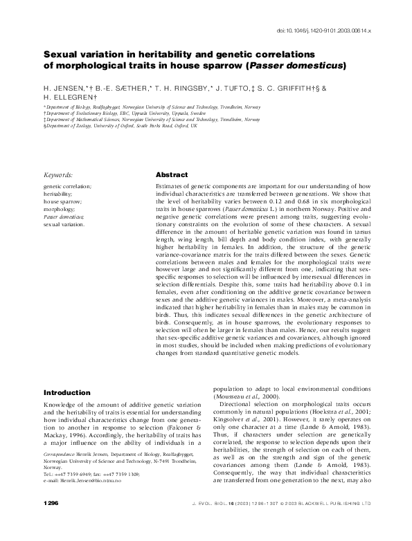 Pdf Sexual Variation In Heritability And Genetic Correlations Of