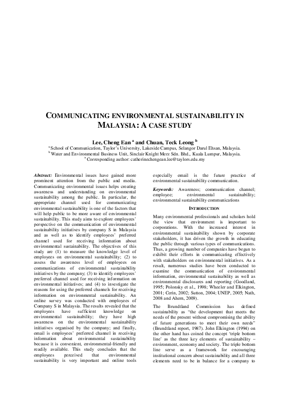 (PDF) Communicating Environmental Sustainability in Malaysia: A Case Study