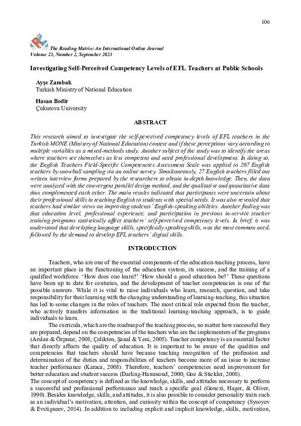 (PDF) Investigating Self-Perceived Competency Levels of EFL Teachers at ...