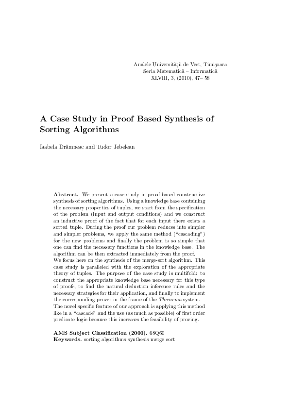 (PDF) A Case Study in Proof Based Synthesis of Sorting Algorithms