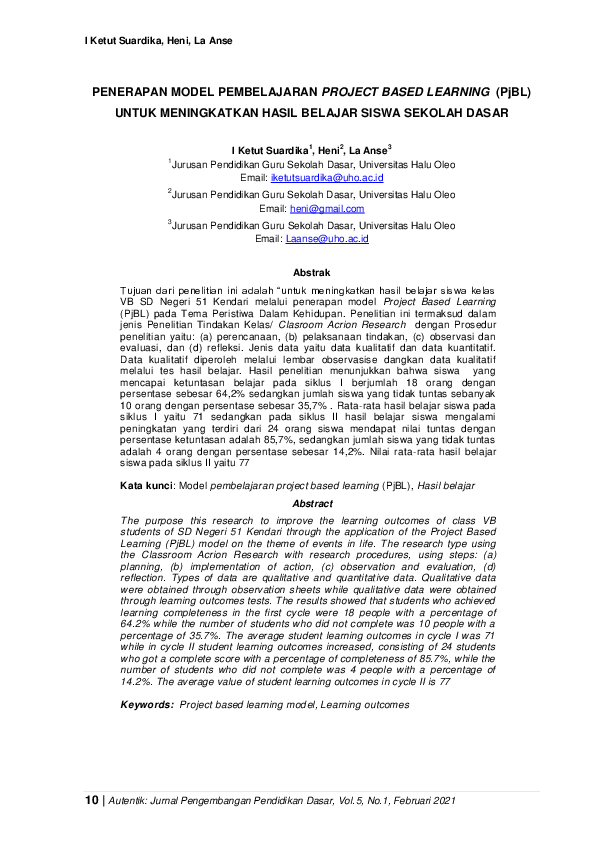 (PDF) PENERAPAN MODEL PEMBELAJARAN PROJECT BASED LEARNING (PjBL) UNTUK MENINGKATKAN HASIL ...