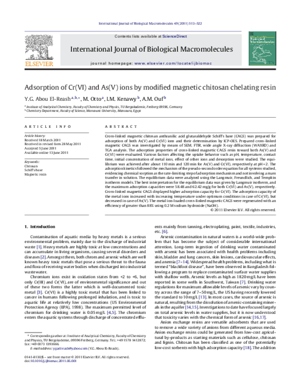 (PDF) Adsorption of Cr(VI) and As(V) ions by modified magnetic chitosan chelating resin