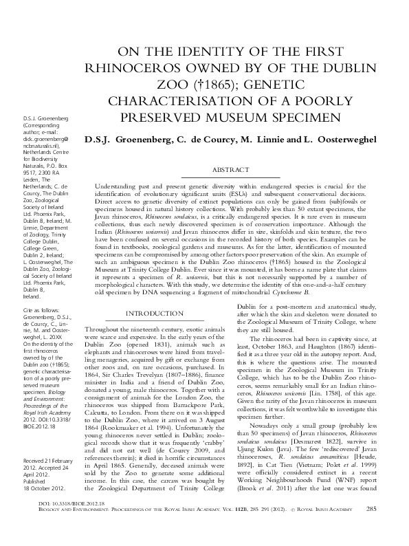 (PDF) On the Identity of the First Rhinoceros Owned by of the Dublin ...