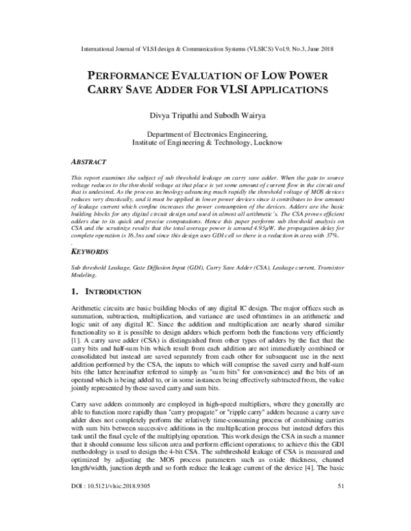(PDF) Performance Evaluation of Low Power Carry Save Adder for VLSI ...