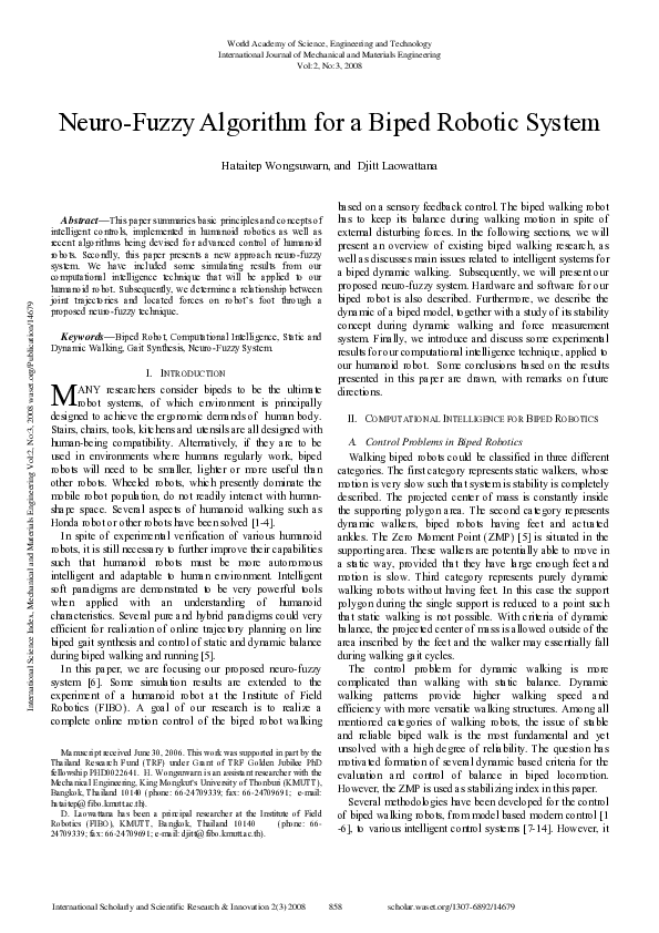 Pdf Neuro Fuzzy Algorithm For A Biped Robotic System 