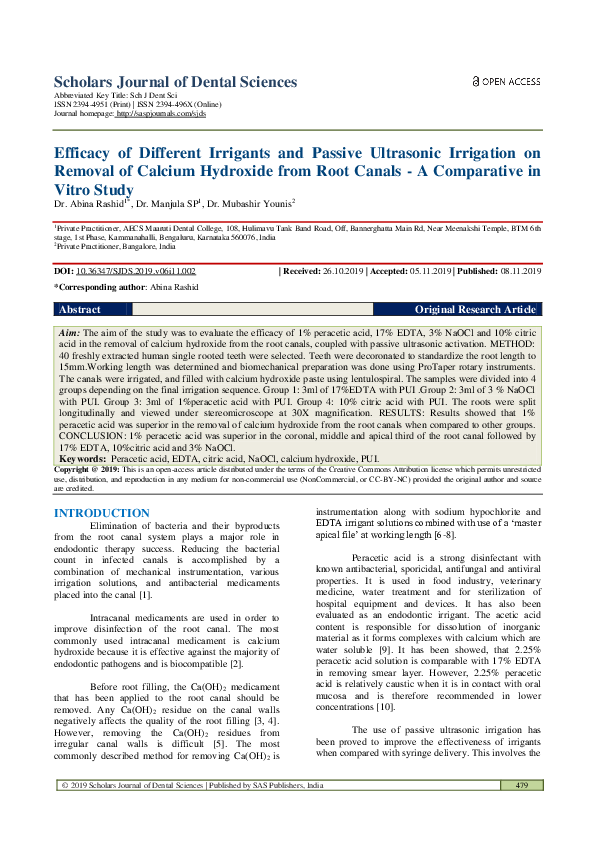 (PDF) Efficacy of different irrigants in the removal of calcium ...