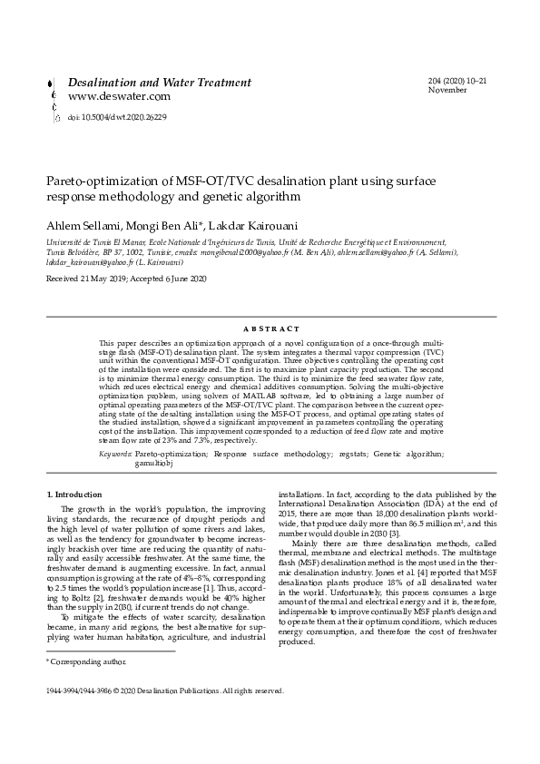 (PDF) Pareto-optimization of MSF-OT/TVC desalination plant using surface response methodology ...