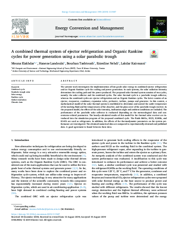 (PDF) A combined thermal system of ejector refrigeration and Organic Rankine cycles for power ...