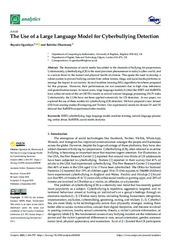 (PDF) The Use of a Large Language Model for Cyberbullying Detection ...