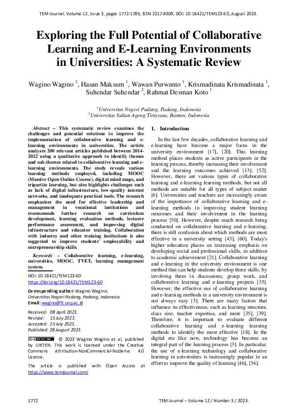 Pdf Exploring The Full Potential Of Collaborative Learning And E Learning Environments In