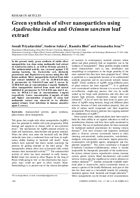 (PDF) Green Synthesis of Silver Nanoparticles using Azadirachta Indica and Ocimum Sanctum Leaf ...