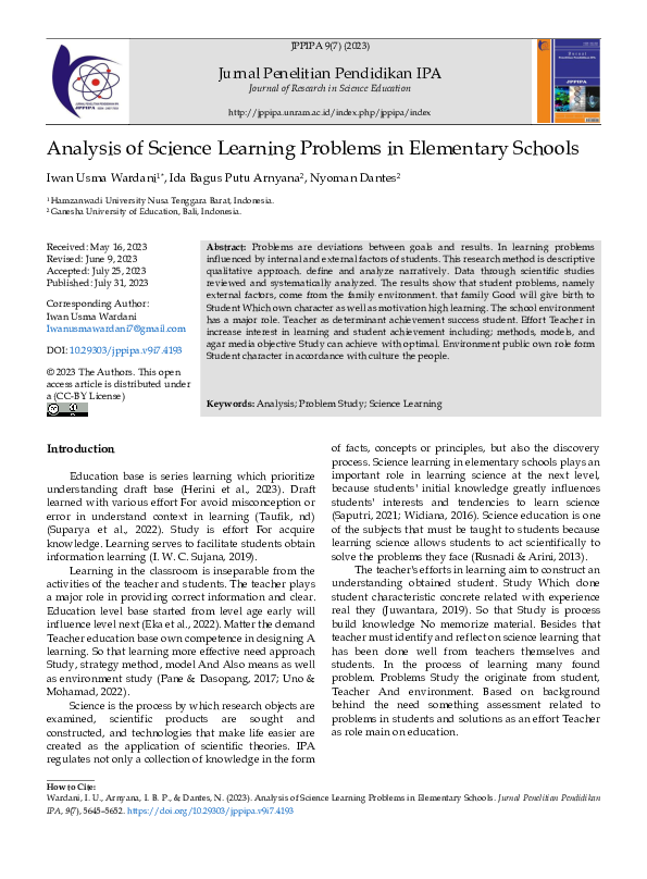 (PDF) Analysis of Science Learning Problems in Elementary Schools