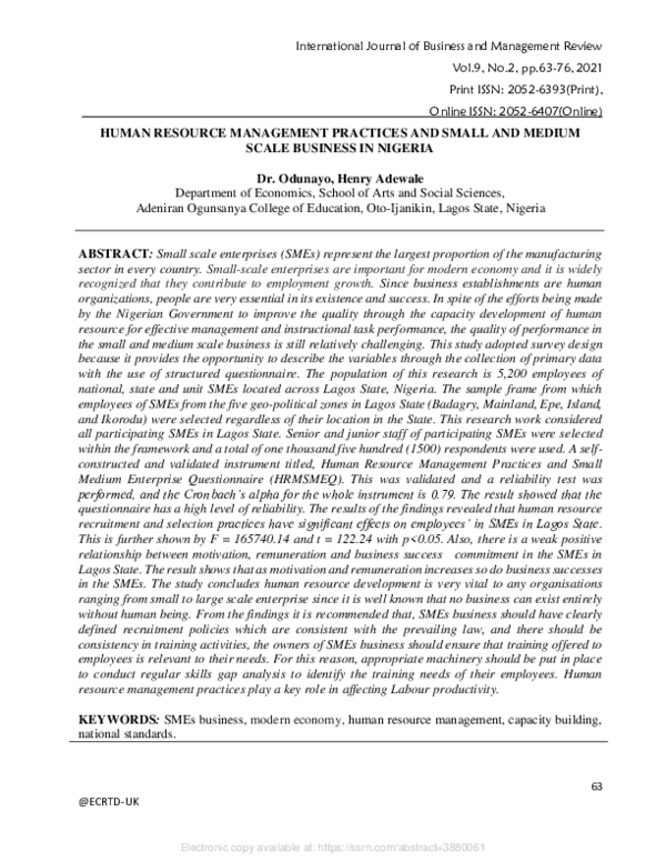 (PDF) HUMAN RESOURCE MANAGEMENT PRACTICES AND SMALL AND MEDIUM SCALE BUSINESS IN NIGERIA