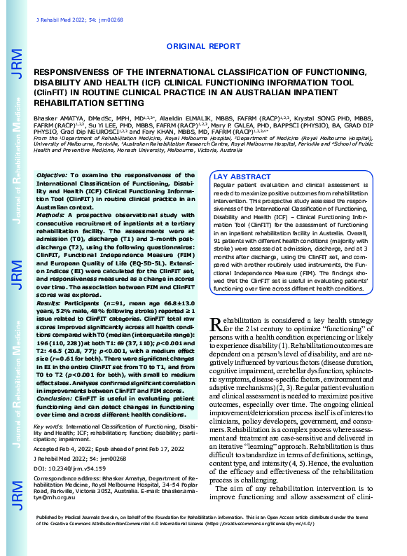 (PDF) Responsiveness of the International Classification of Functioning ...