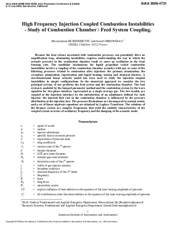 (PDF) High Frequency Injection Coupled Combustion Instabilities - Study ...