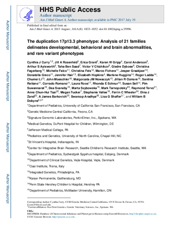 (PDF) The duplication 17p13.3 phenotype: Analysis of 21 families ...