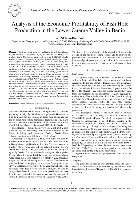 (PDF) Analysis of the Economic Profitability of Fish Hole Production in ...