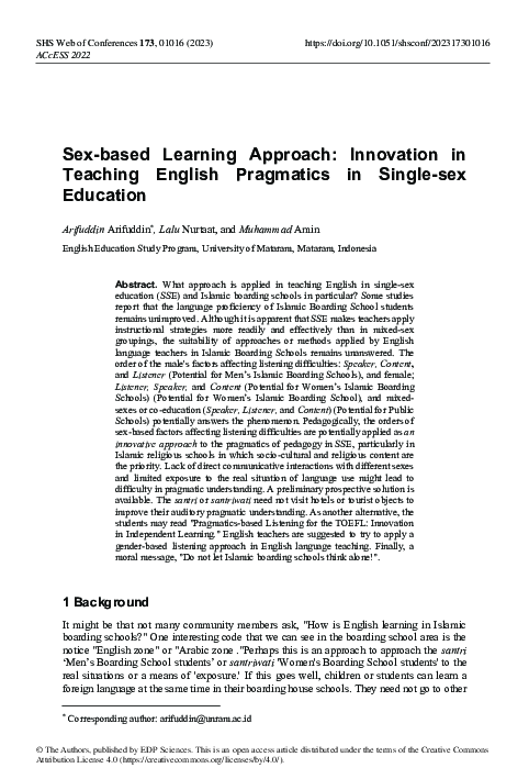 Pdf Sex Based Learning Approach Innovation In Teaching English