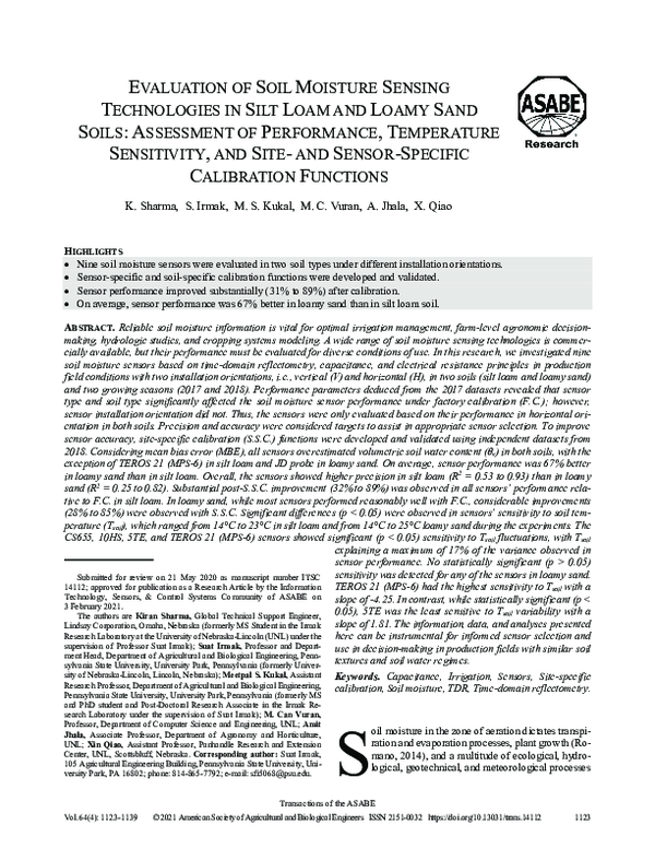 (PDF) Evaluation of Soil Moisture Sensing Technologies in Silt Loam and ...