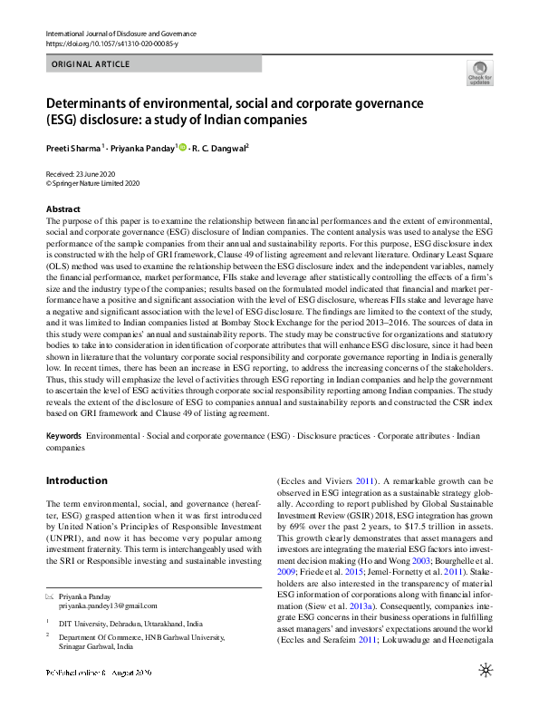 (PDF) Determinants of environmental, social and corporate governance (ESG) disclosure: a study ...