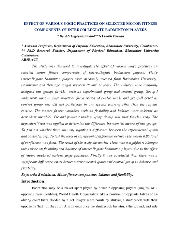 (DOC) EFFECT OF VARIOUS YOGIC PRACTICES ON SELECTED MOTOR FITNESS ...