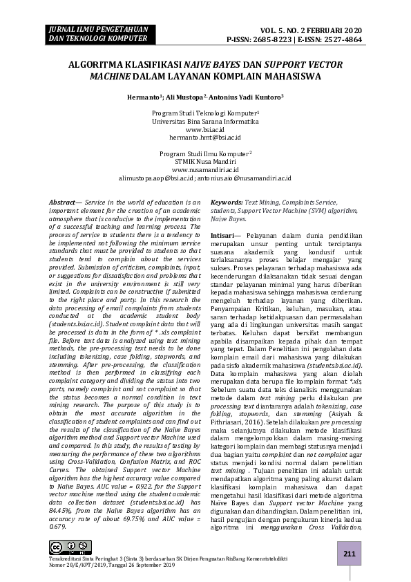 Pdf Algoritma Klasifikasi Naive Bayes Dan Support Vector Machine Dalam Layanan Komplain Mahasiswa