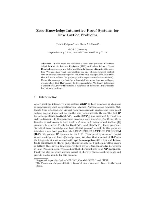 (PDF) Zero-Knowledge Interactive Proof Systems for New Lattice Problems