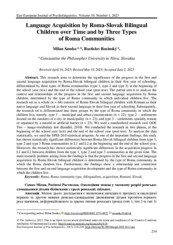 (PDF) Language Acquisition by Roma-Slovak Bilingual Children over Time ...