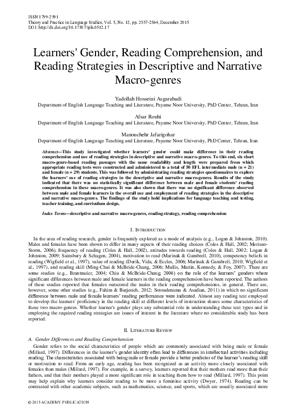 (PDF) Learners' Gender, Reading Comprehension, and Reading Strategies ...