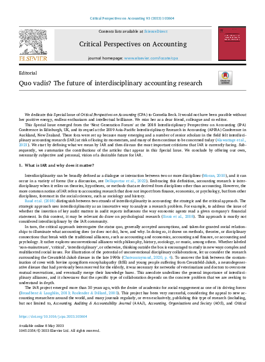 (PDF) Quo vadis? The future of interdisciplinary accounting research We ...