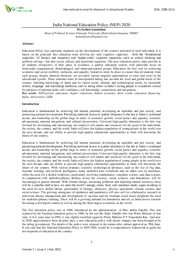 (PDF) India National Education Policy (NEP) 2020