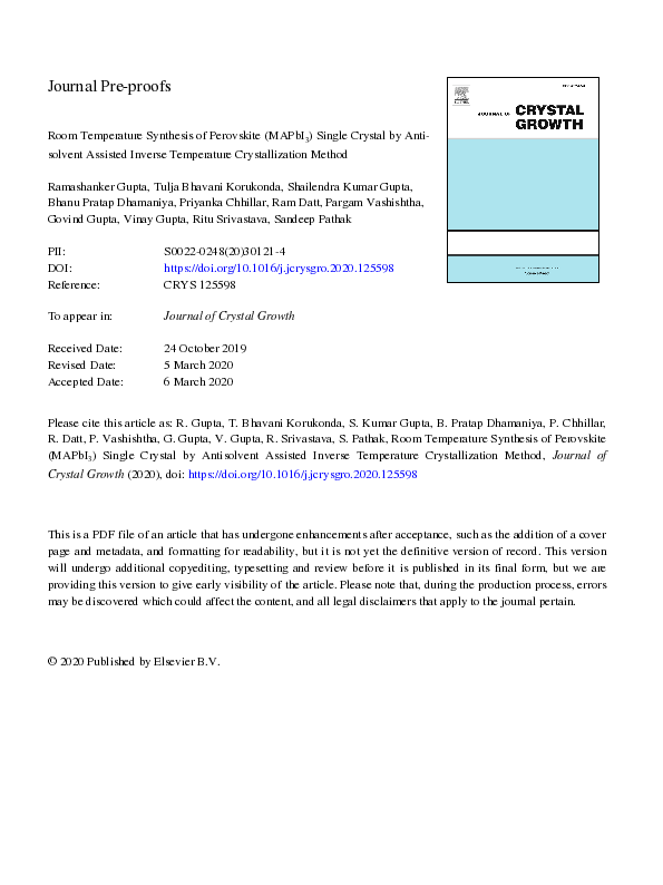 (PDF) Room temperature synthesis of perovskite (MAPbI3) single crystal ...