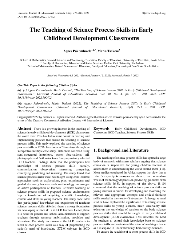 (PDF) The Teaching of Science Process Skills in Early Childhood ...