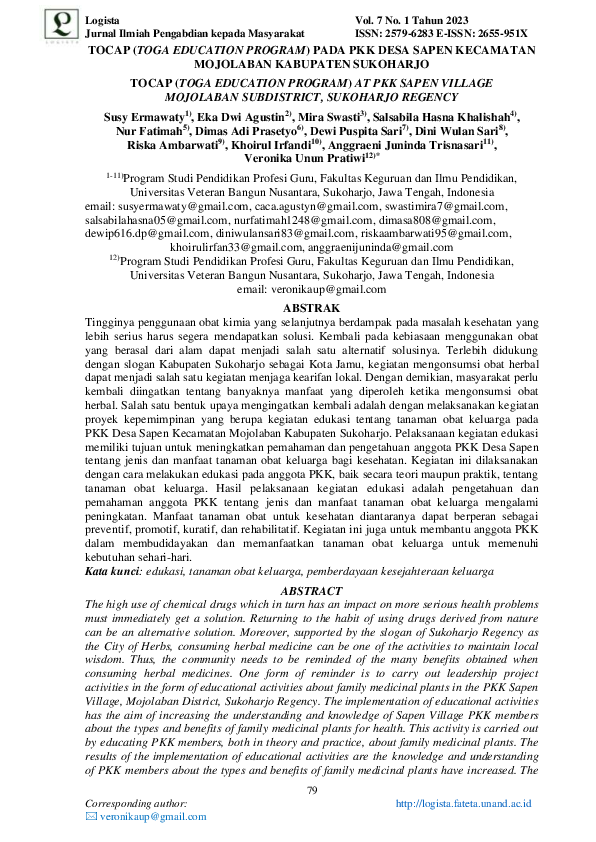 (PDF) Tocap (Toga Education Program) Pada PKK Desa Sapen Kecamatan Mojolaban Kabupaten Sukoharjo