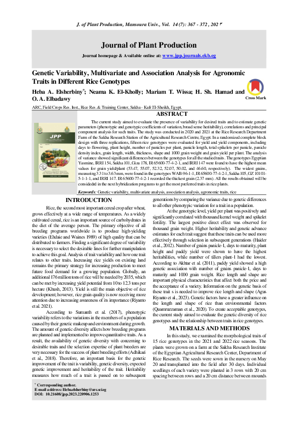 (PDF) Genetic Variability, Multivariate and Association Analysis for Agronomic Traits in ...